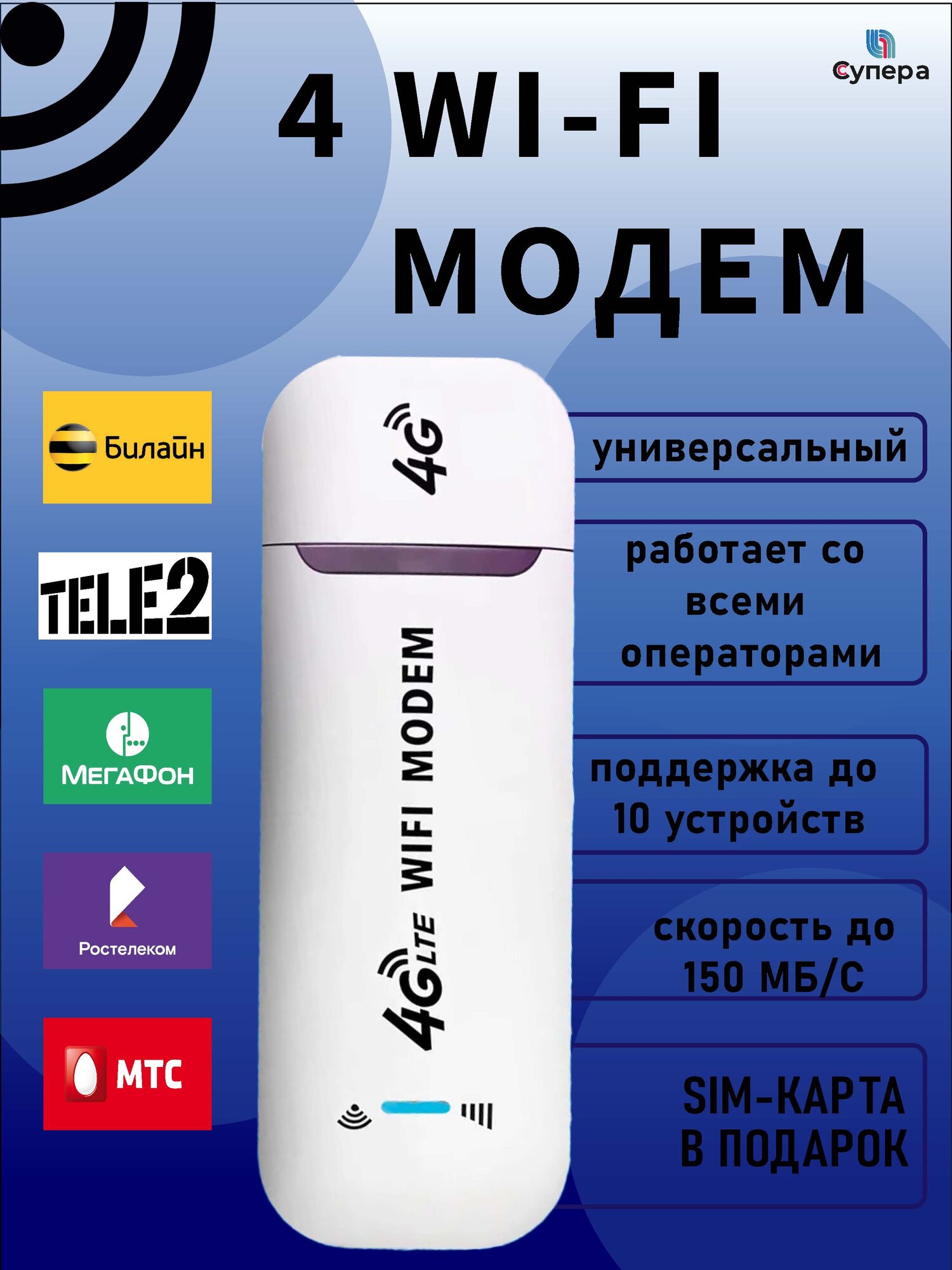Модем Wi-Fi роутер 4g LTE с раздачей интернета на любые устройства, прошитый работает со всеми операторами