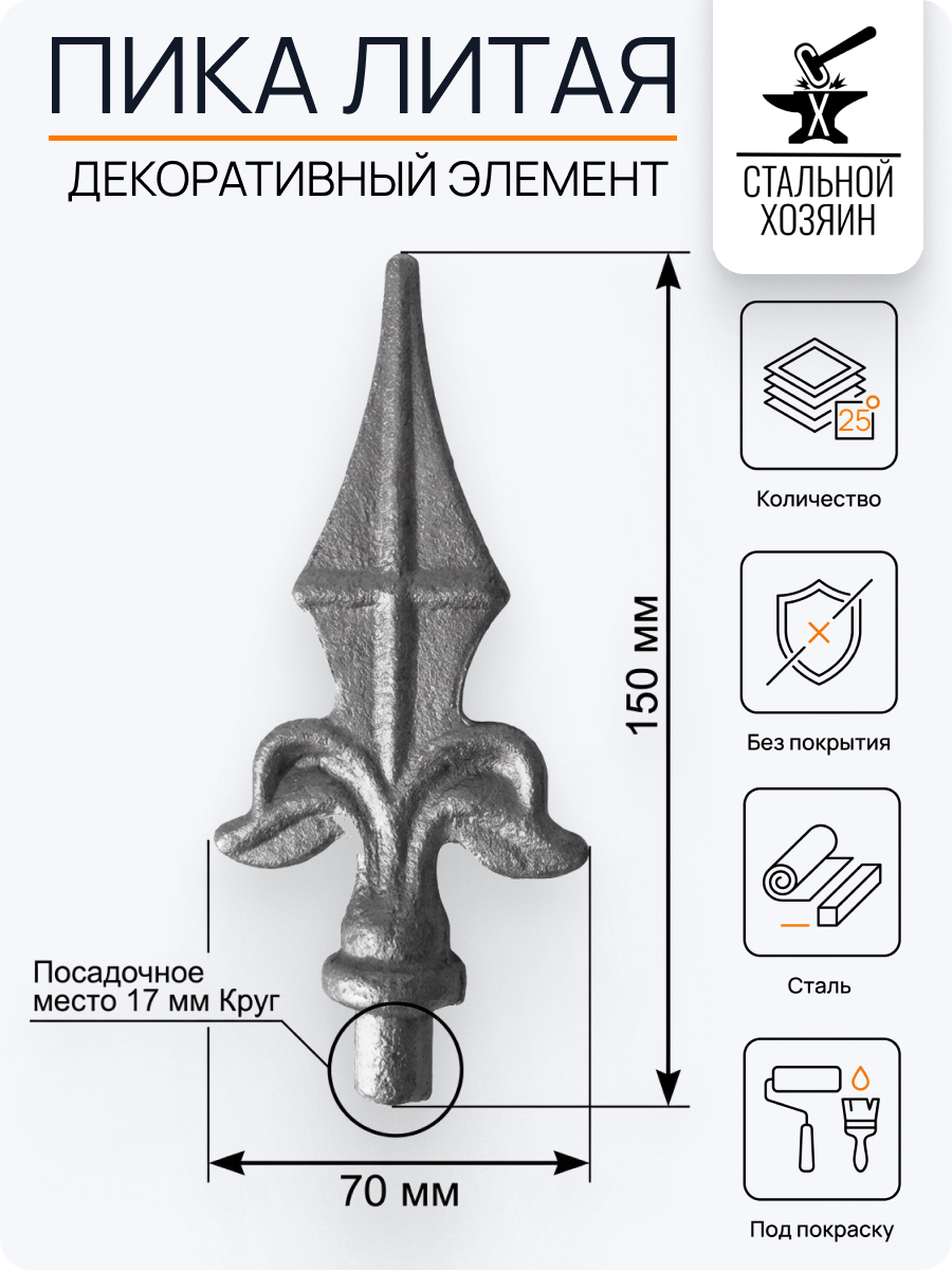 25 шт Кованый элемент Пика 150х70 мм Посадочное место 17 мм