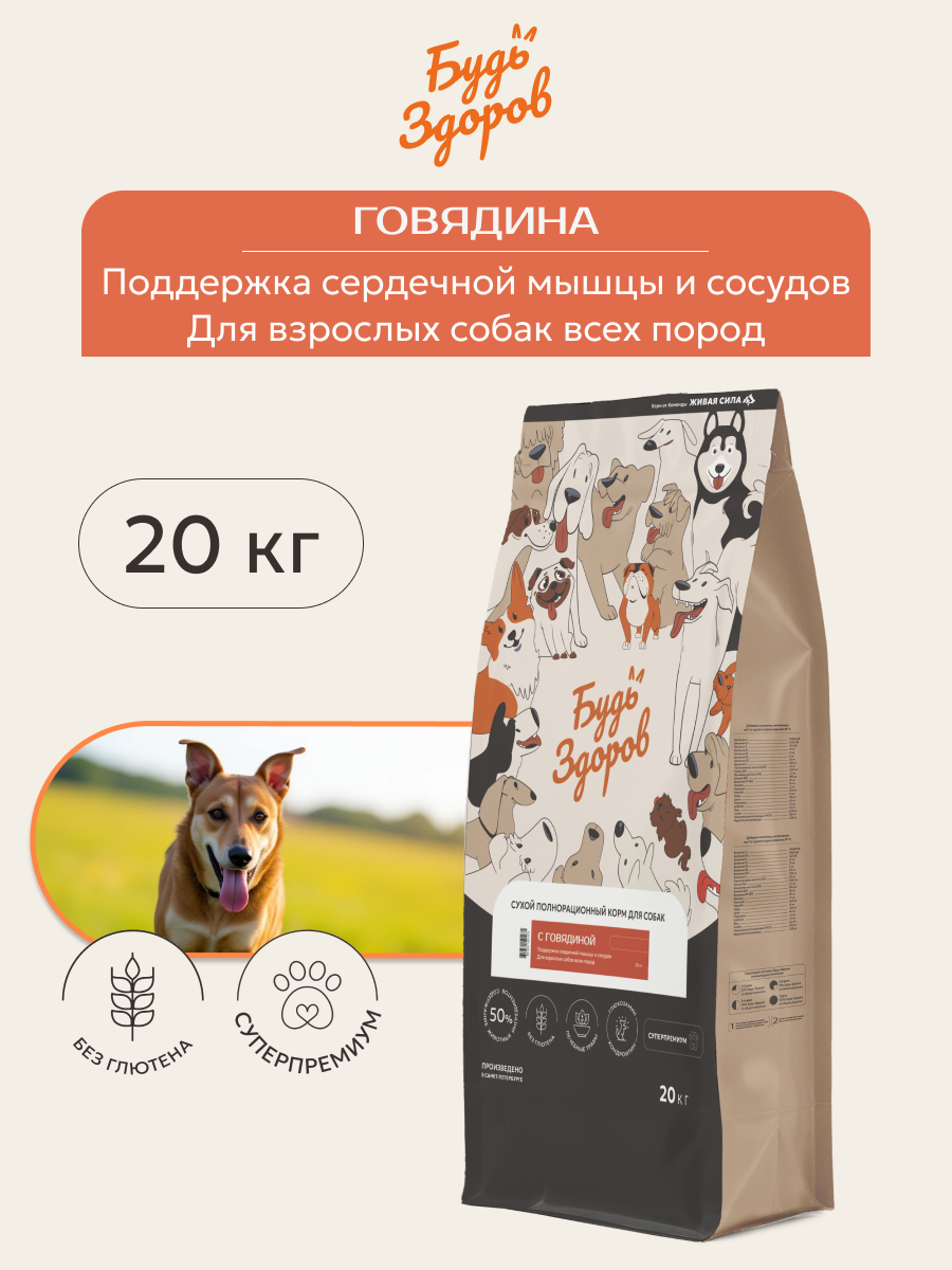 Будь здоров Корм для взрослых собак всех пород от 1 года с говядиной, крупная гранула (20 кг)