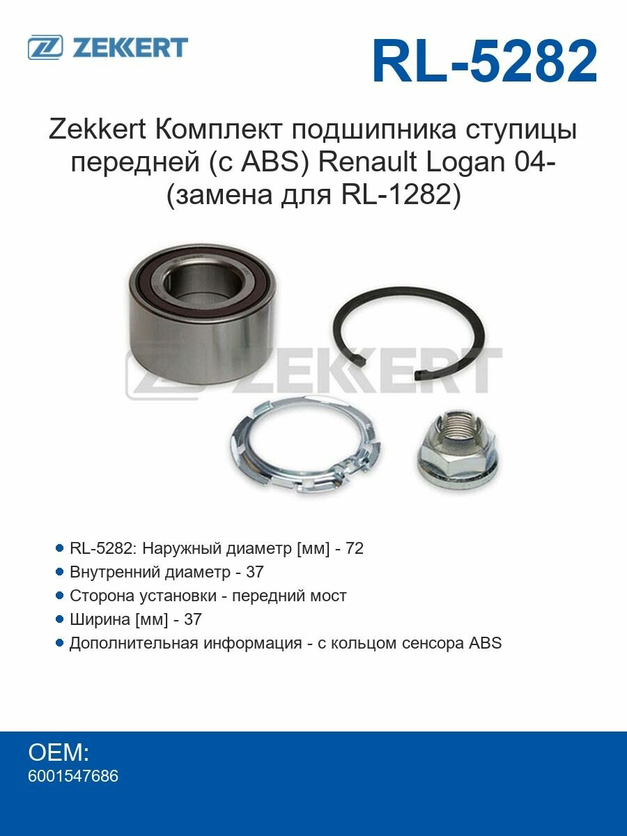 Zekkert Комплект подшипника ступицы передней (с ABS) Renault Logan 04- (замена для RL-1282)