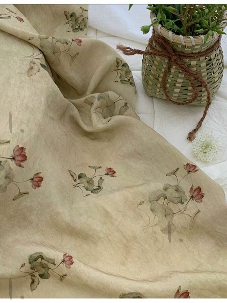 Ткань крапива рами для пошива одежды, платьев, рубашек и рукоделия, Цветок лотоса на бежевом фоне, отрез 200*140см 1 pcs