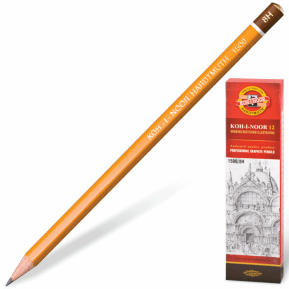 Карандаш чернографитный KOH-I-NOOR 1500, 1 шт, 8H, корпус желтый, заточенный, 150008H01170, 180487