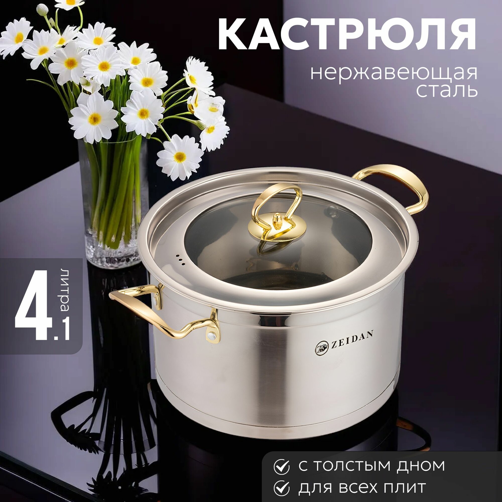 Кастрюля 4.1 л нержавеющая сталь с крышкой, для индукционных плит Zeidan, нержавейка с толстым дном 4.1 литра для газовой плиты