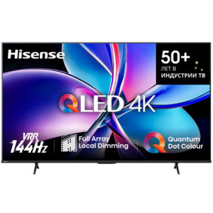 Телевизор HISENSE Телевизор ЖК 55' Hisense/ 55", QLED, Ultra HD, 144 Hz(VRR), Smart TV (ОС VIDAA U8.5), Wi-Fi, DVB-T2/T/C/S2/S, FreeSync Premium, 2.0Ch 2х10W, CI+(1.4), 3хHDMI, 2хUSB, Alexa Built-in, VIDAA Voice, Black 2025