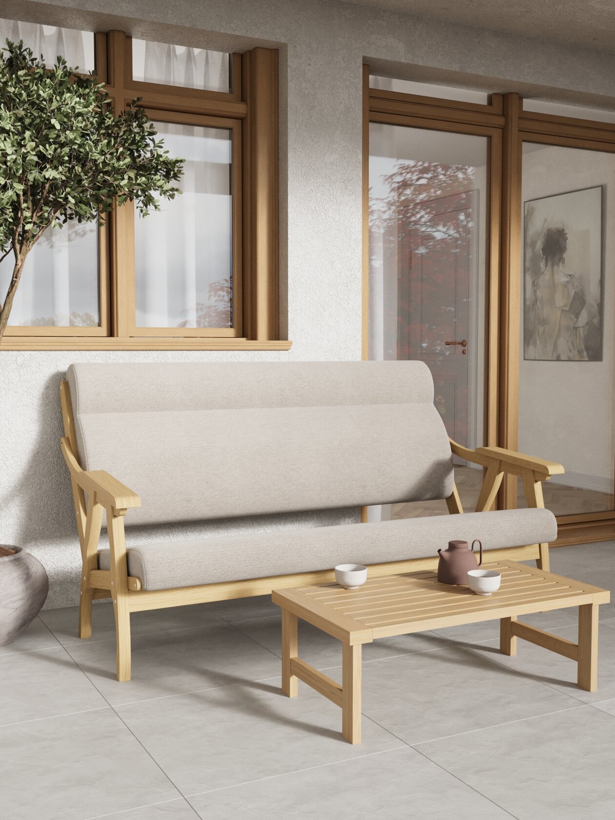 Диван прямой Вега нераскладной, на ножках, с подлокотниками, 161х90х95 см, Натуральный лак / Бежевый, рогожка