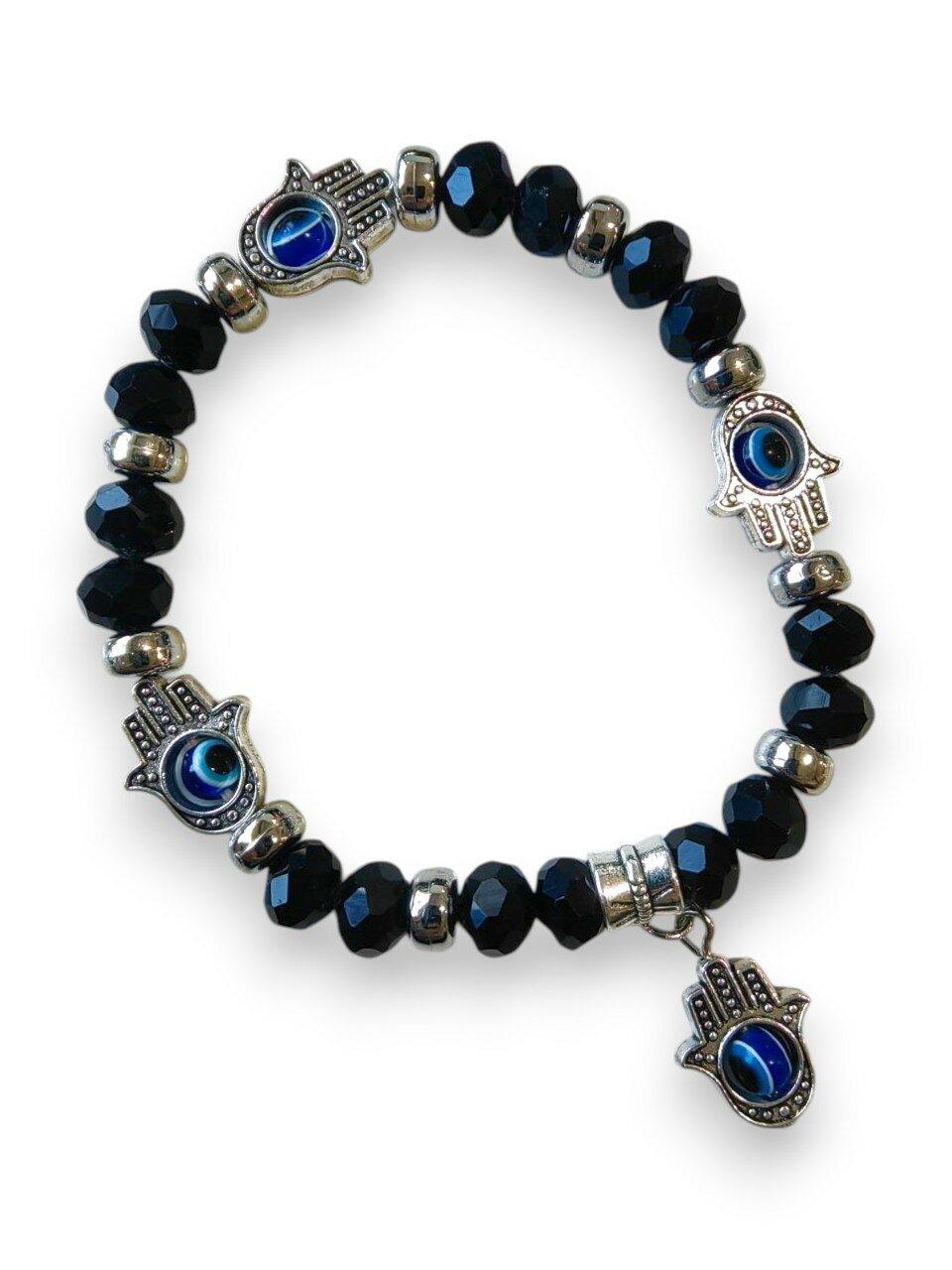 Браслет от сглаза Глаз Фатимы и ладонь Хамса с гранеными чёрными бусинами, на резинке - защита с 4х сторон света от сглаза (искусственный хрусталь), 1 шт.