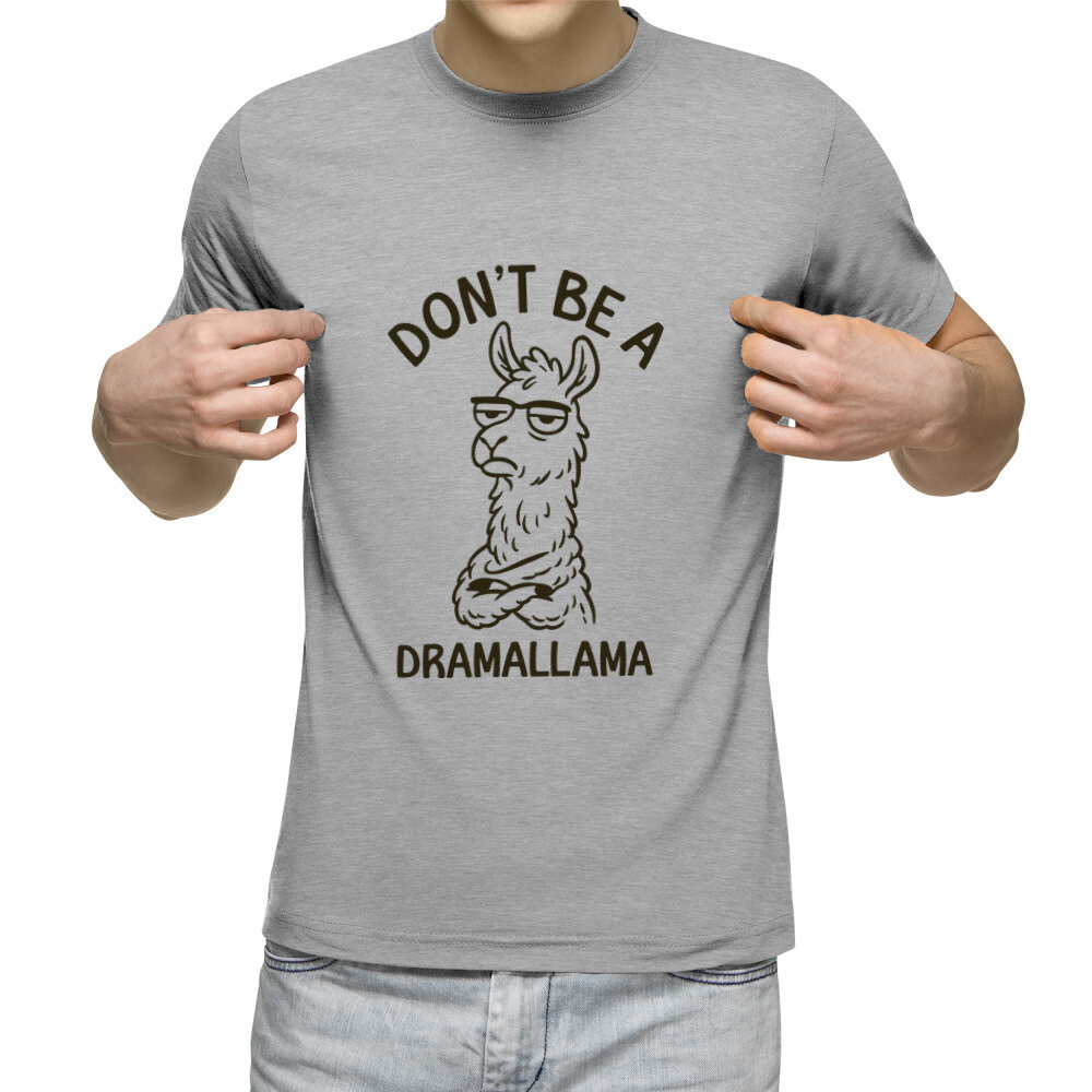 Мужская футболка «Лама с прищуром: Dont be a dramallama» (серый меланж, L)