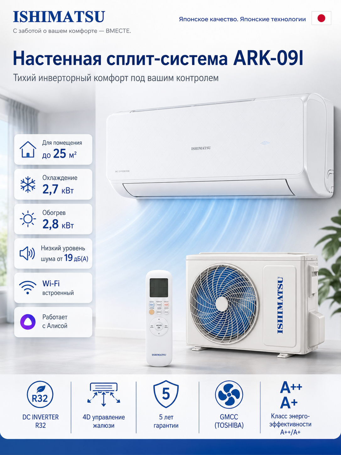 Инверторный кондиционер сплит-система ISHIMATSU ARK-09I Miura Wi-Fi R32 до 27 м², тихий от 19 дБ, охлаждение и обогрев, Алиса