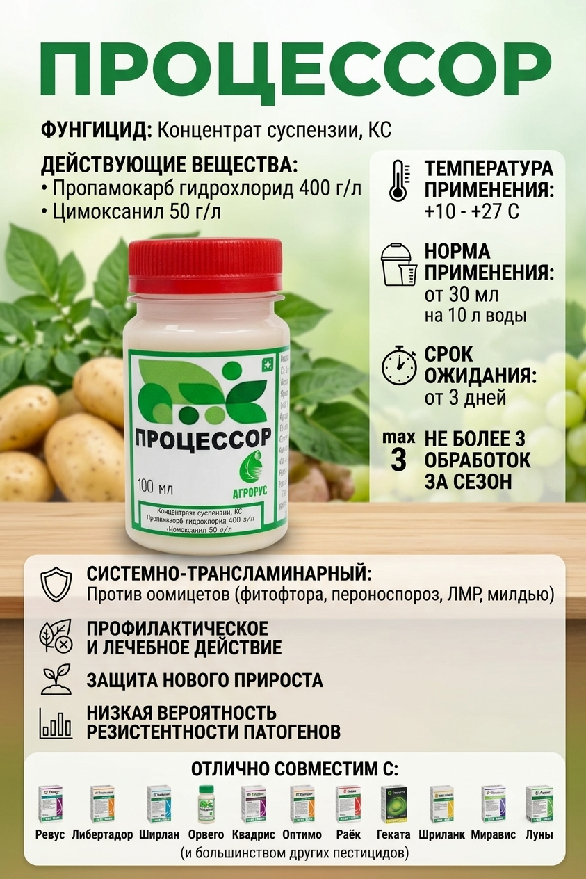 Процессор, Системно - трансламинарный фунгицид для борьбы с оомицетами (фитофтора, пероноспороз, ЛМР, милдью и др. 100 мл