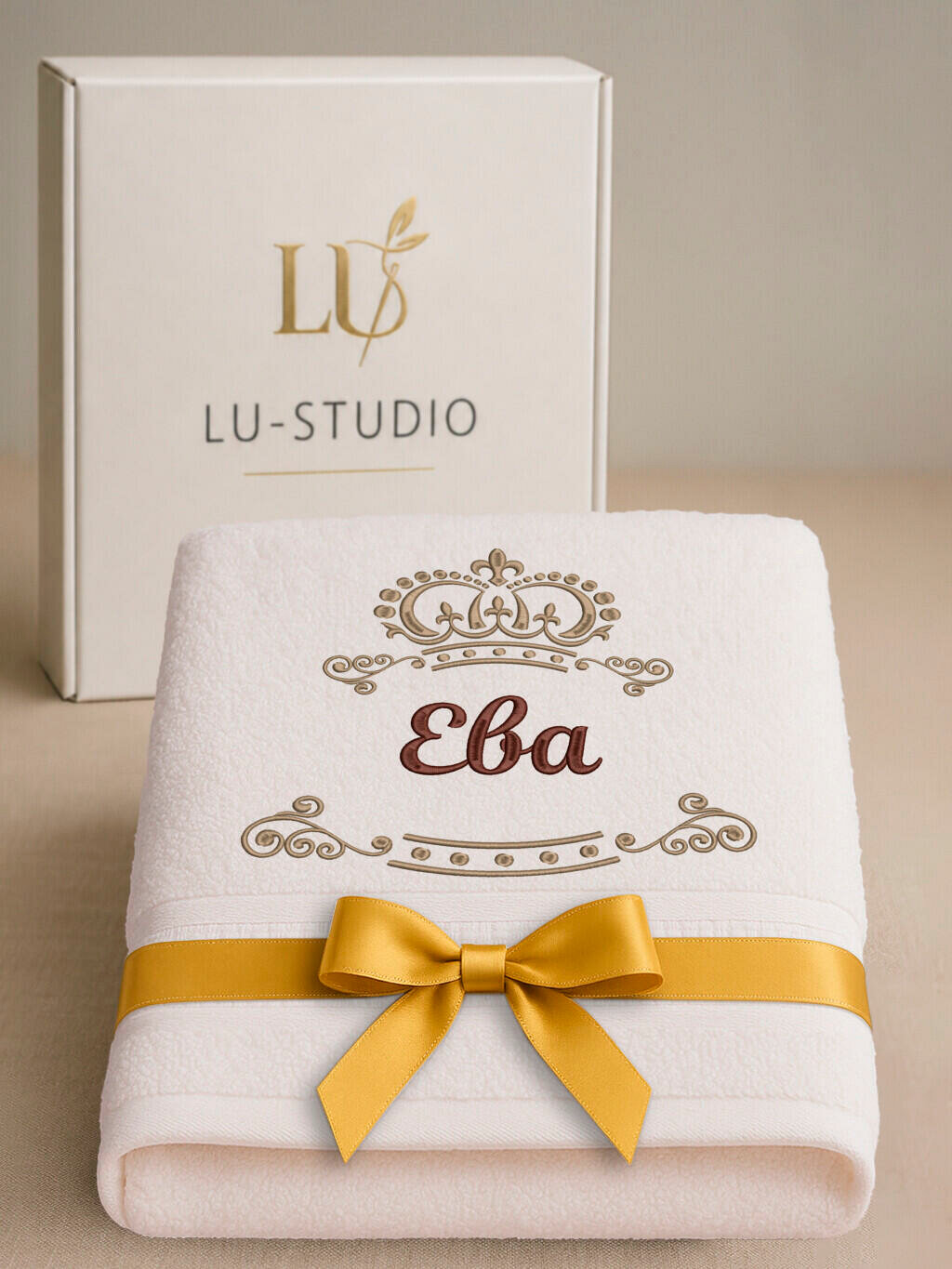 Полотенце Ева 70х140 подарок именная вышивка с короной, LU-Studio, белый, 460 г/м², 100% хлопок