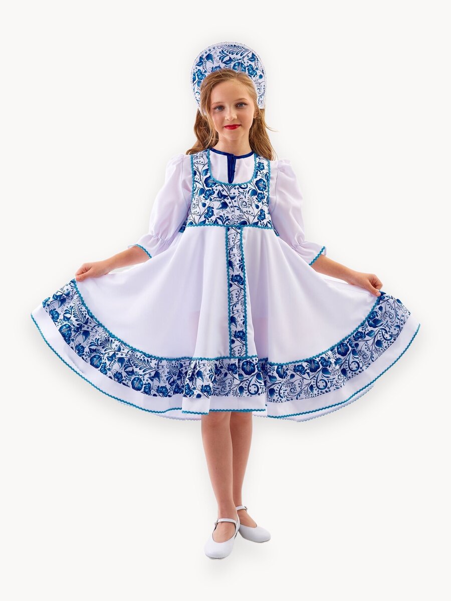 Народный костюм сарафан Гжель плясовой детский белый, размер 146-152