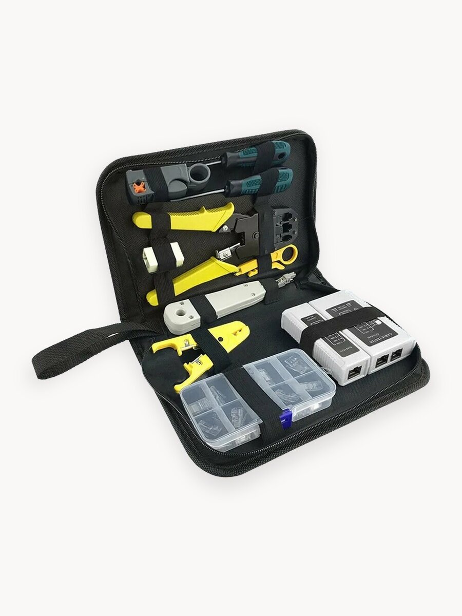 Набор инструментов для работ с витой парой и сетевым кабелем: LAN тестер, стриппер, кримпер, отвертки, обжимка RG45, RG11