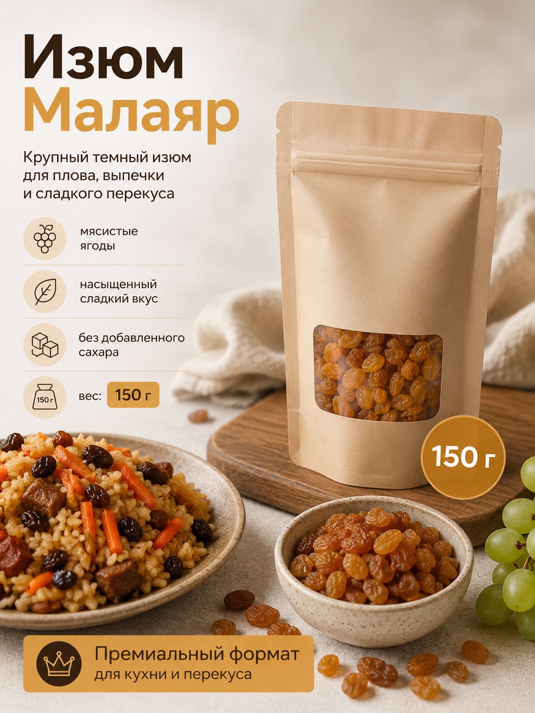Изюм коричневый малаяр без косточек Иран 150гр, виноград сушеный