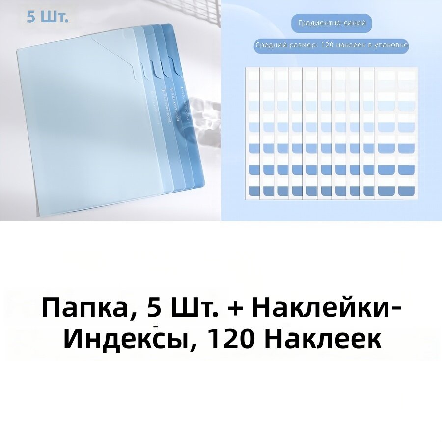 Папки для документов с открытием в форме буквы L, 5 шт, синие, с 120 индексными вкладками и застежками, вместительные, для сортировки экзаменационных работ