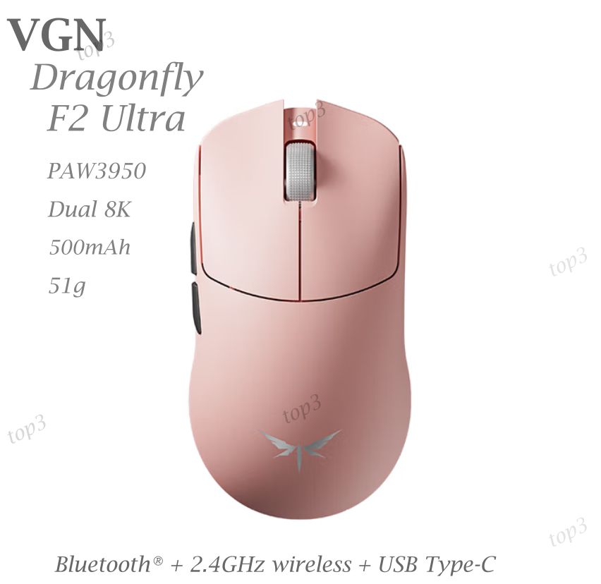 Игровая мышь беспроводная VGN Dragonfly F2 Ultra Dual 8K беспроводная игровая мышь, PAW3950,500 мА, Розовая, розовый