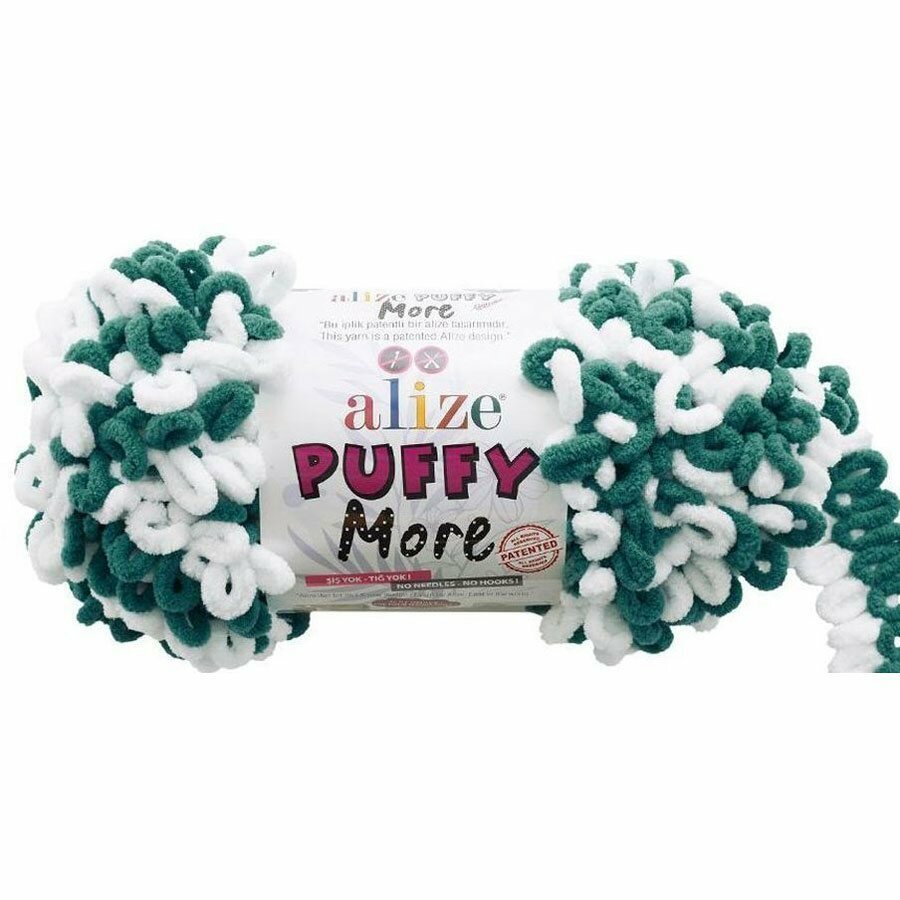 Пряжа Alize PUFFY MORE 6570 белый/изумруд (2 мотка)