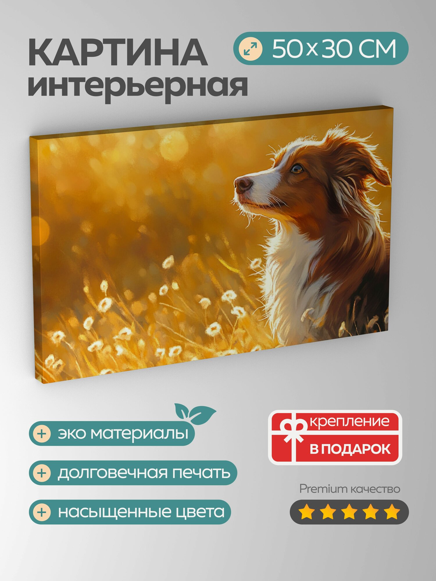 Картина на холсте интерьерная 50х30 см, пастель, колли, летний закат, нежные мазки, теплые краски, ностальгия