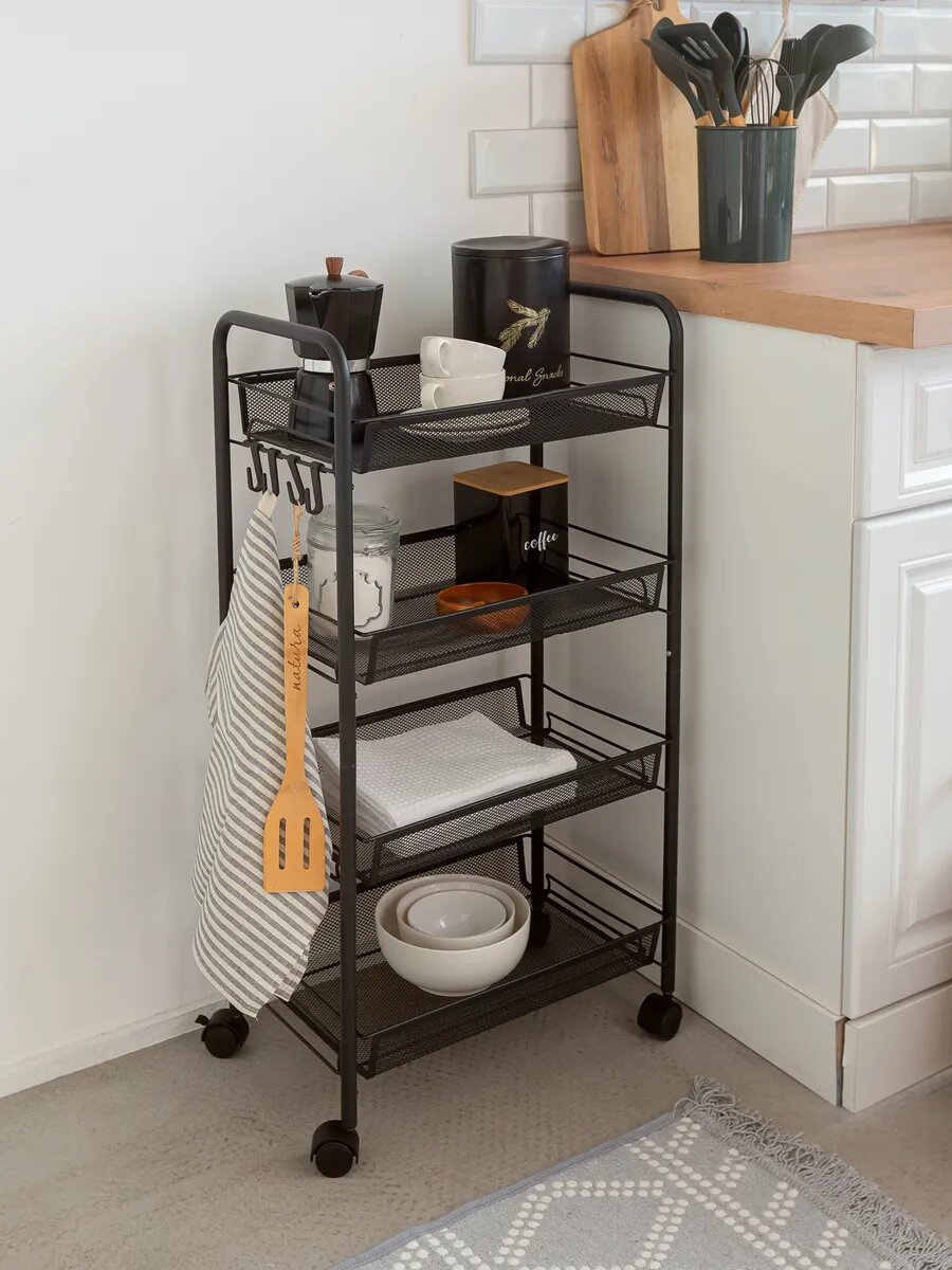Этажерка на колесиках металлическая черная для кухни ванной