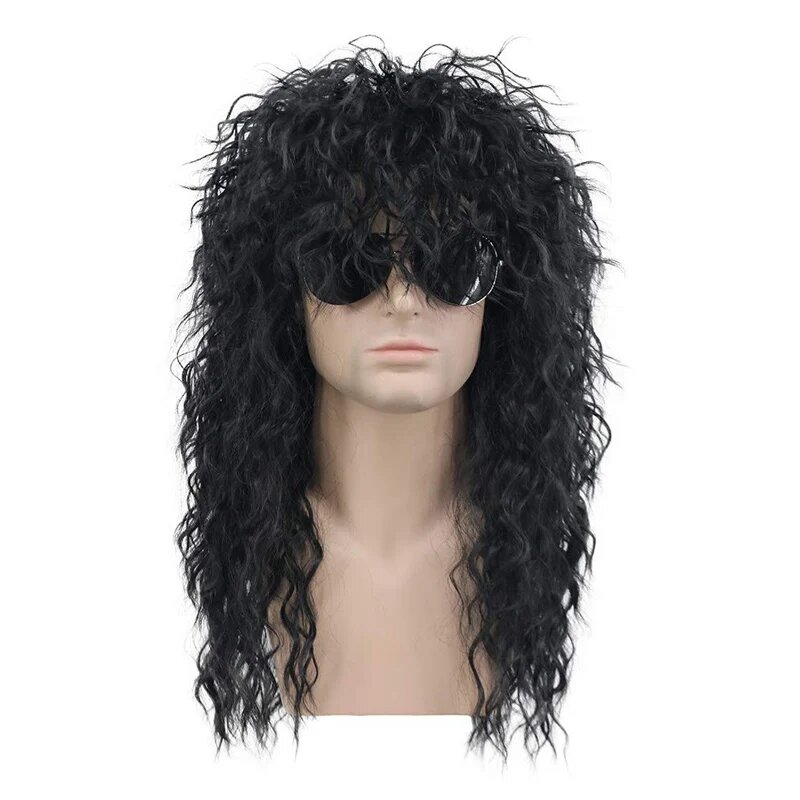 Парик рок-звезды 70-х 80-х годов, черный, пушистый, пышный, длинный для мужчин, парик для Хэллоуина, синтетический парик Mullet, аксессуары для косплея в стиле рок