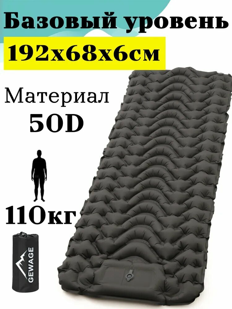 Надувной туристический коврик, встроенный насос, серый, 192x68х6 см