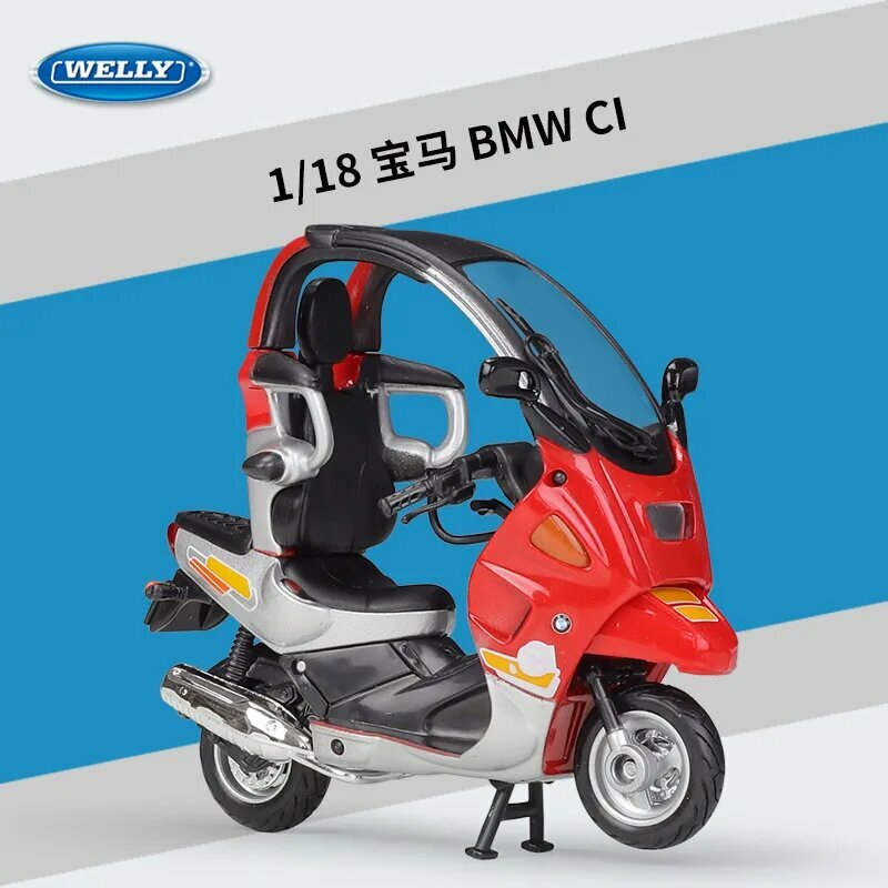 Металлический мотороллер BMW C1 1:18, красный WELLY