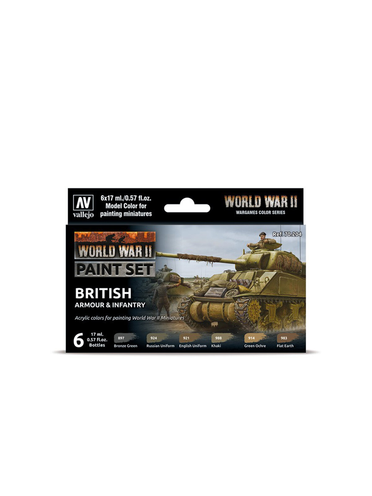 Набор акриловых красок Vallejo серии Model Color - WWII British Armour & Infantry 70204, 6 шт по 17 мл