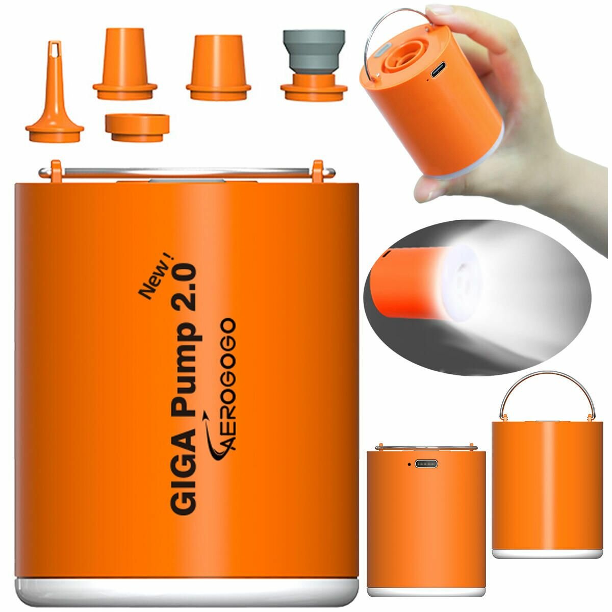 Decathlon Аккумуляторный электрический насос AEROGOGO GIGA PUMP 2.0 NEW P2G-01, 3-в-1, 5 насадок, с фонариком, оранжевый