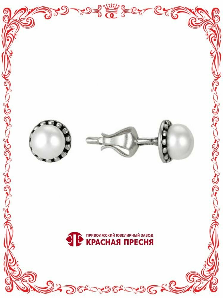 Серьги пусеты, серебро, 925 проба, оксидирование, жемчуг культивированный