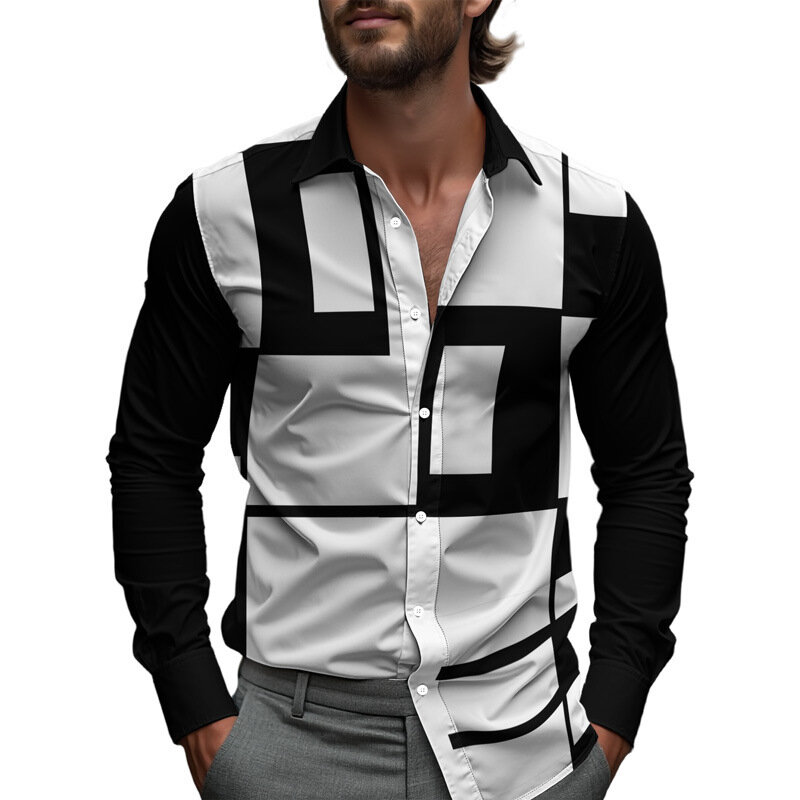 Мужская рубашка в полоску в клетку весенний однобортный дизайн с лацканами 2025 года легкий свободный крой мода