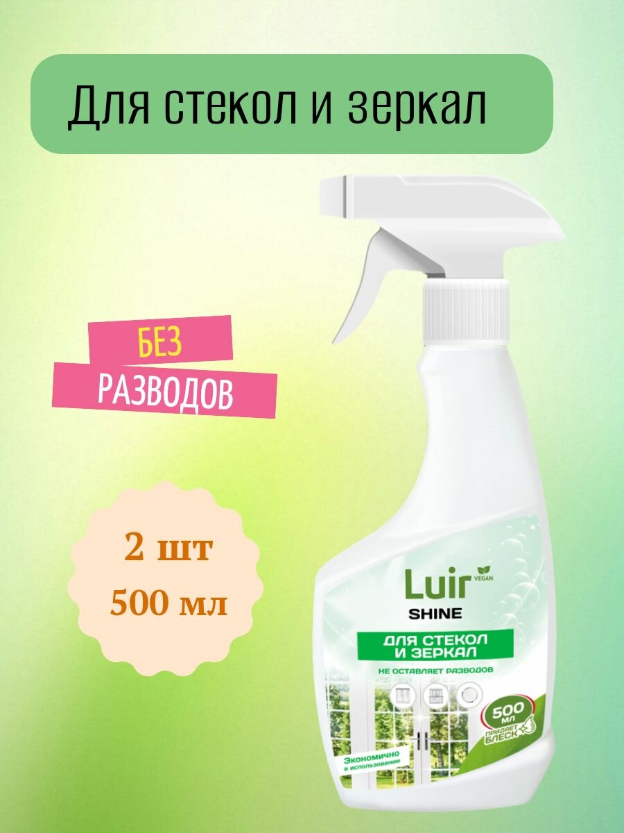 Средство для мытья стекол, окон и зеркал Luir shine с антибактериальным эффектом, спрей 500 мл х 2 шт