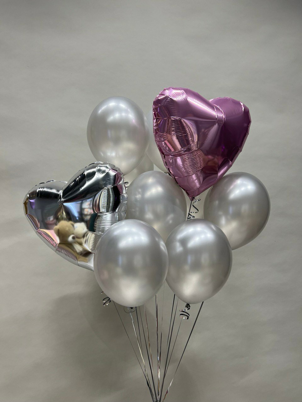 Набор шаров "Серебро с сердцами", серебристо-светло-розовые, 9 шт.