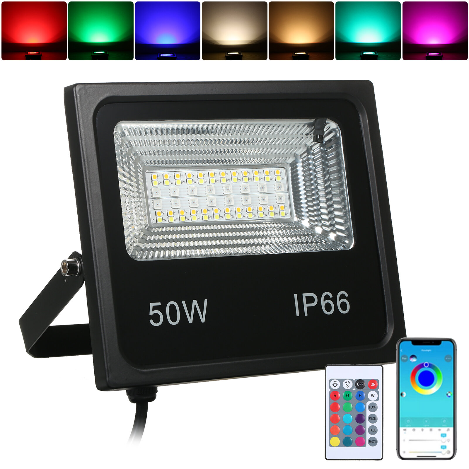 A C85-265V 50W 64LEDs RGBCW LEDs Flood Light Outdoor Lamp IP66 Water Resistance with Controller/ Supported Phones App Control/ Group Controlling/ Timer/ Dimmable Brightness Adjustable/ Music Sync/ Built-in Microphone for Patio Yard Garden Balcony