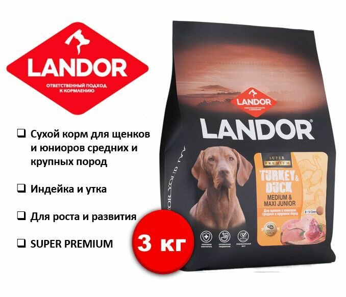 Сухой корм для щенков и юниоров средних и крупных пород LANDOR c индейкой и уткой, 3кг