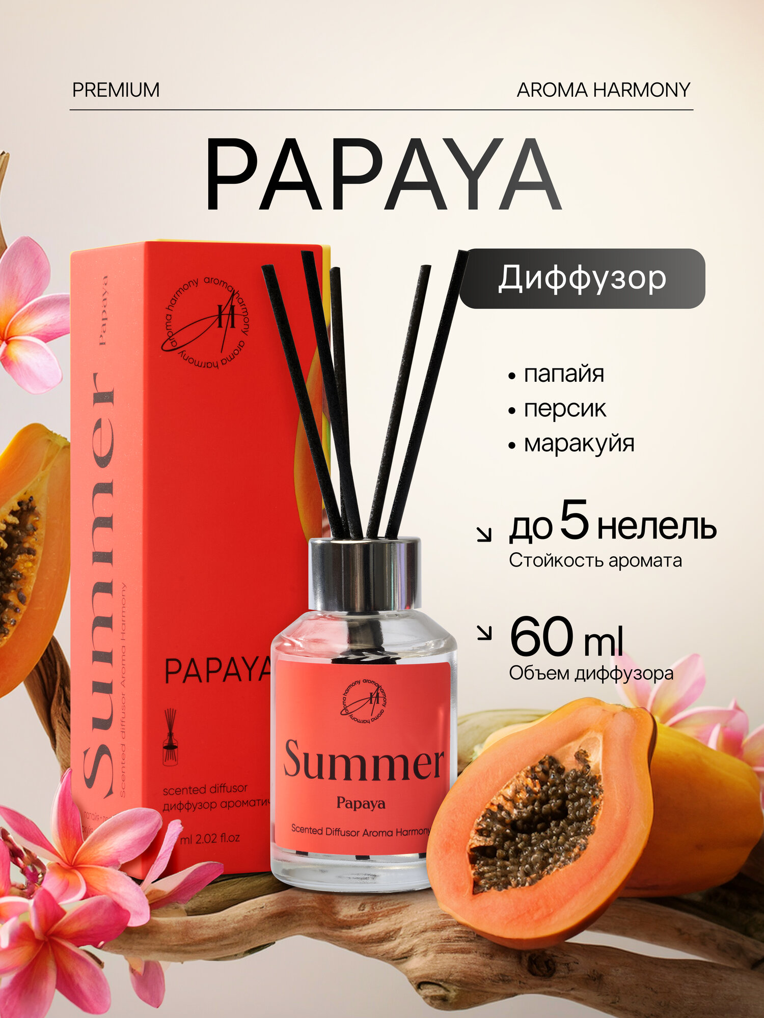 Ароматизатор для дома диффузор с палочками Aroma Harmony Summer Papaya 60 мл