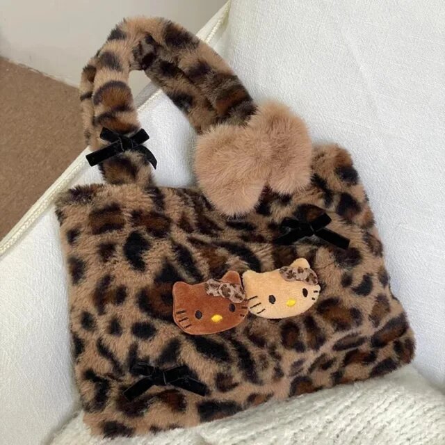 Сумка-шоппер Sanrio Hello Kitty, милая плюшевая сумочка с леопардовым принтом, роскошная портативная сумка для хранения вещей, подарок для девушки Hello Kitty