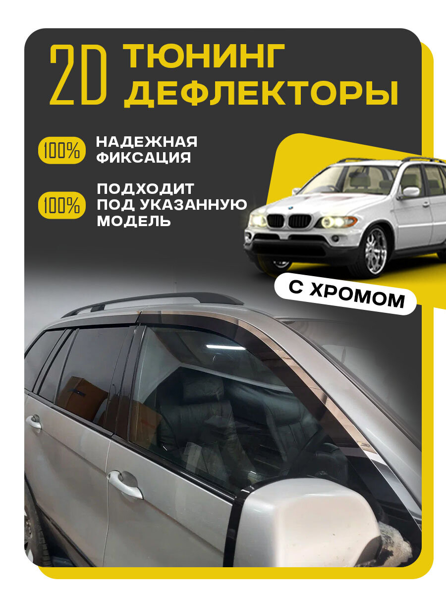 Плоские тюнинг дефлекторы c хромом для BMW X5 E53 (1999-2006) Ветровики на БМВ х5 е53 / 2d дефлекторы. Комплект 6 шт.