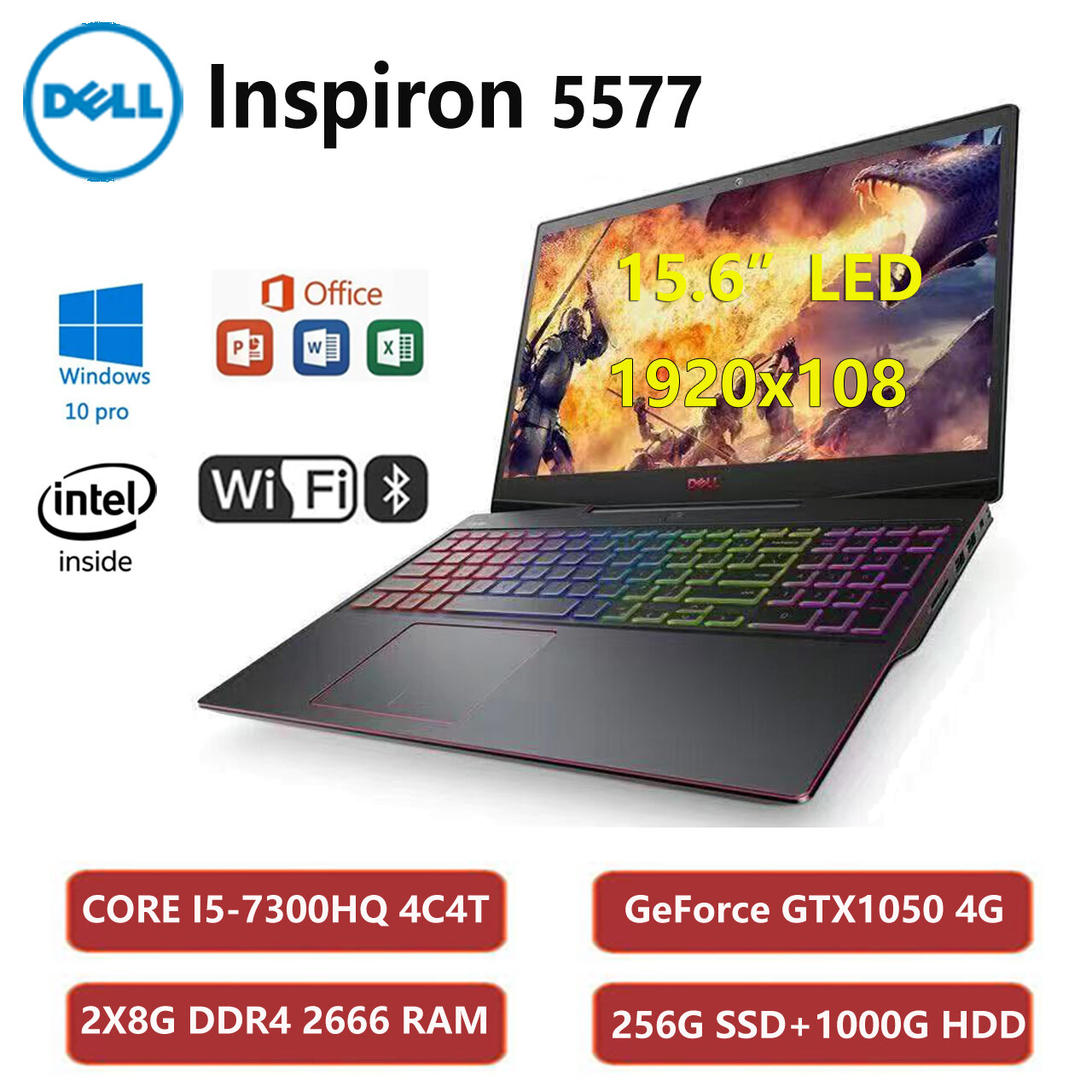 ноутбук 15.6" DELL Inspiron 5577 ( CORE i5-7300HQ 4C4T+2X8GB DDR4 2400 RAM+256G M.2 NGFF SSD+1000G HDD+NVIDIA GTX1050 4G+Intel UHD 620 Видеокарта+1920X1080 IPS 4K) Win 10 pro
