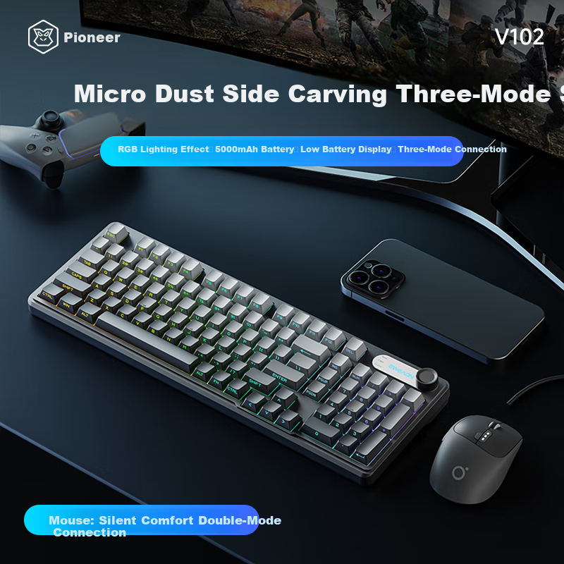 EWEADN V102 Беспроводной набор клавиатуры и мыши с Bluetooth 3 режимами RGB-подсветкой тихой мембранной клавиатуры для