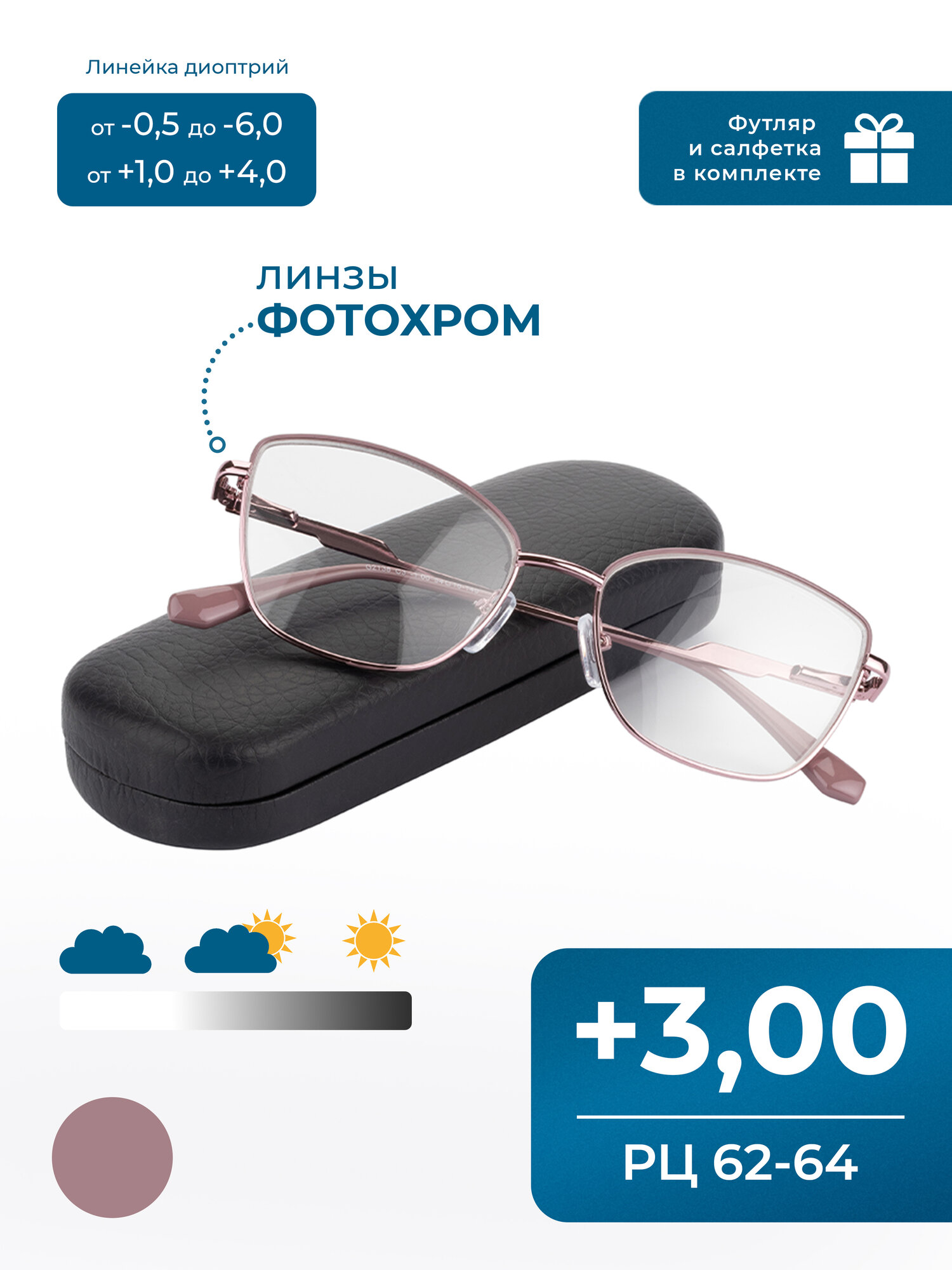 Фотохромные очки BLUE BLOCKER для чтения женские (+3.00) GLODIATR 2138 С3, фотохром, UV-400, BLUE BLOCKER, цвет розовый, с футляром, РЦ 62-64