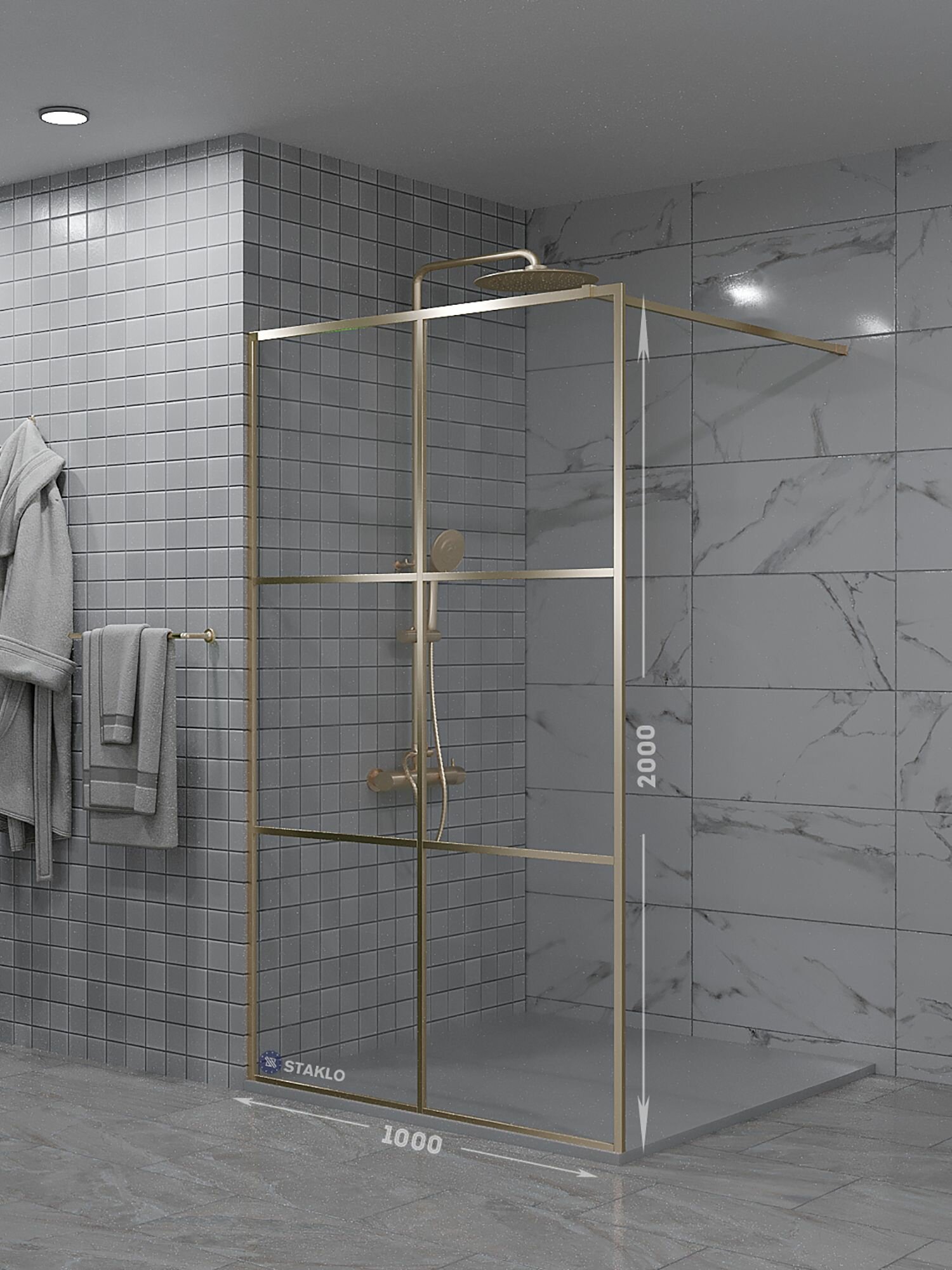 Loft душевая одиночная перегородка staklo 100x200 из осветленного стекла бронза фурнитура