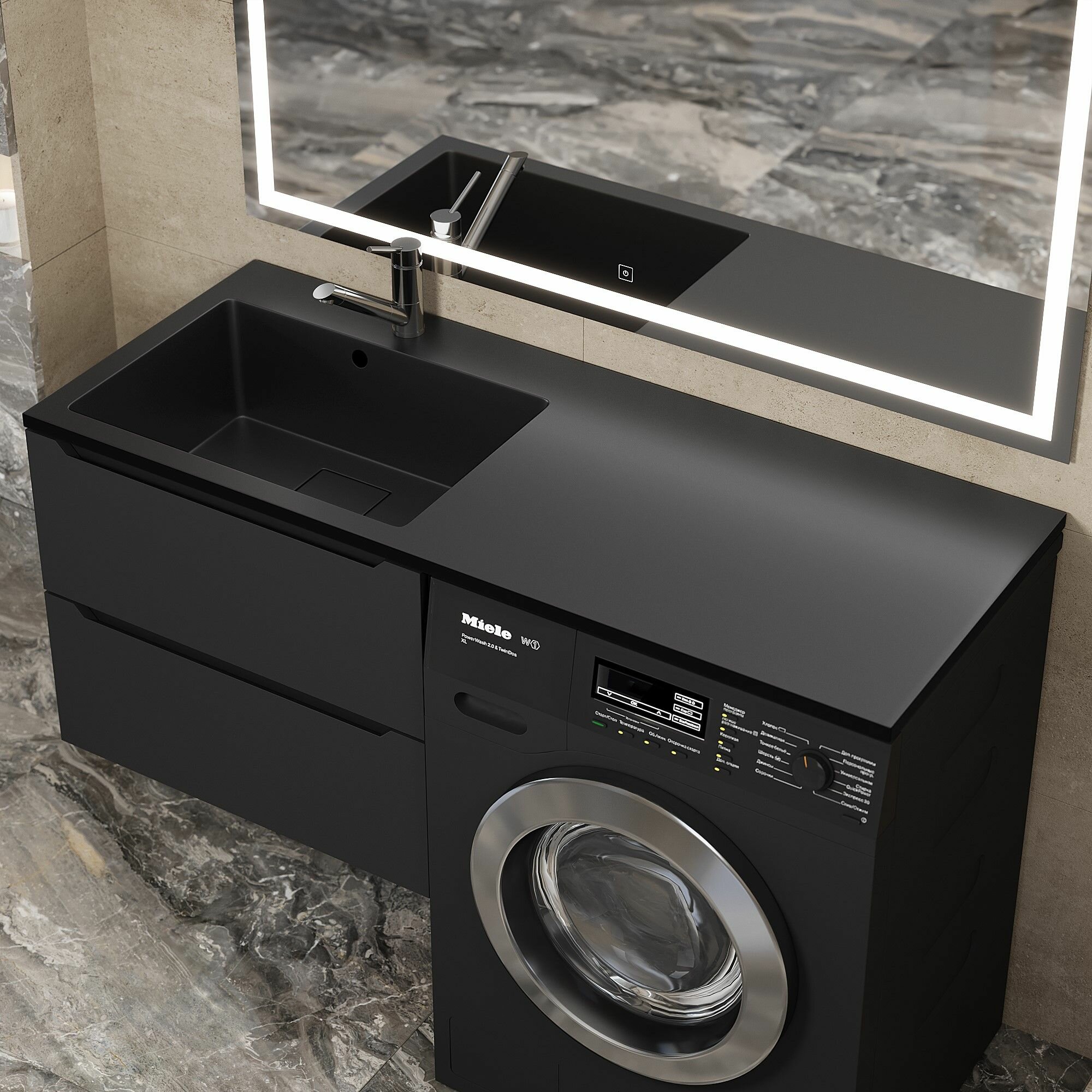 Раковина над стиральной машиной Uperwood Cosmos Quartz 120 см, левая, крыло справа, уголь