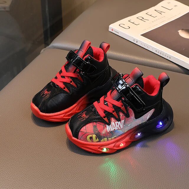 Кроссовки со светодиодами в виде Человека-паука, детские теннисные туфли, светящиеся кроссовки, повседневные кроссовки для мальчиков, баскетбольные туфли-пауки, размеры 21-30