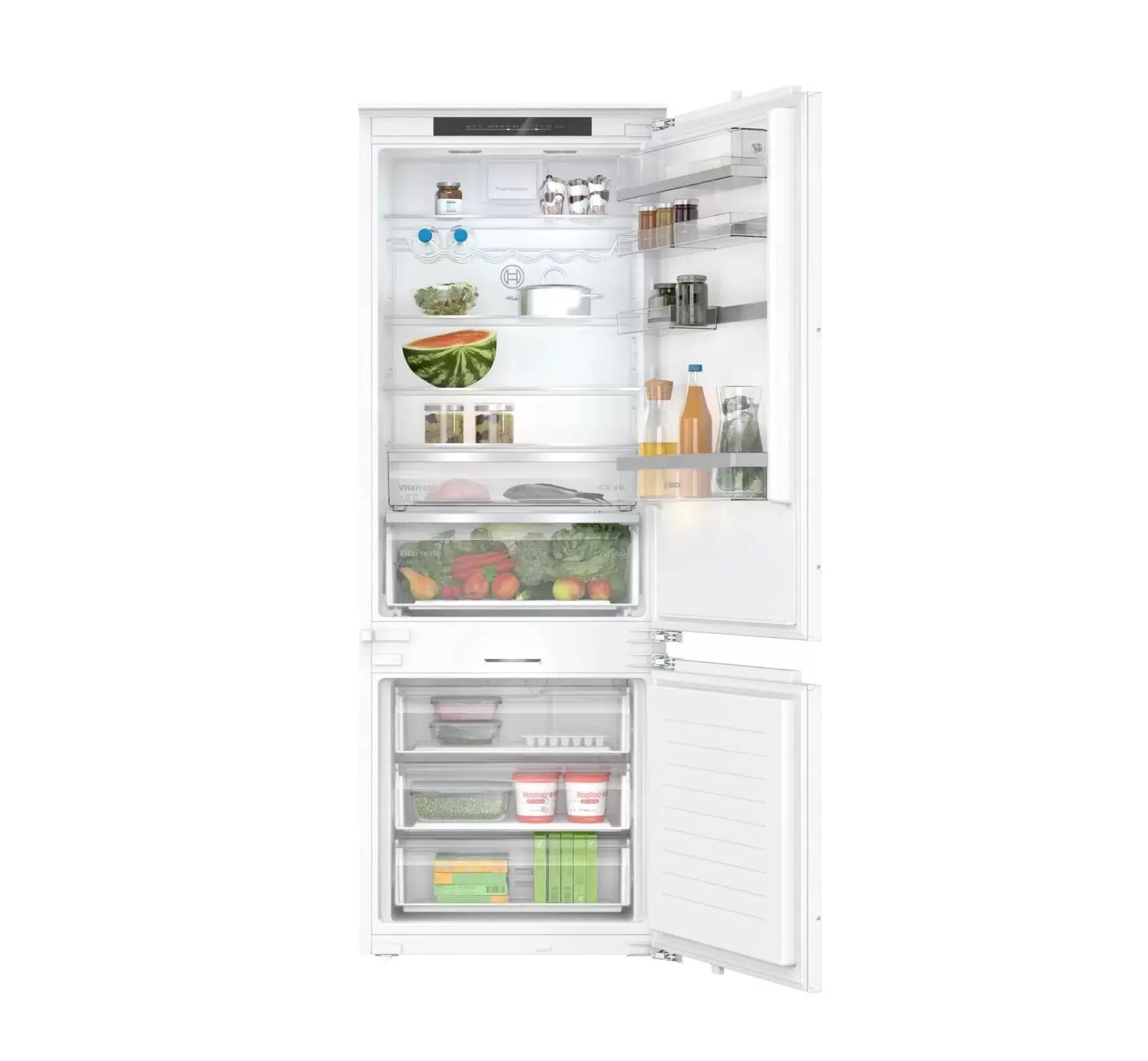 Встраиваемый холодильник Bosch KBN96ADD0 оснащён холодильной и морозильной камерами, последняя расположена снизу