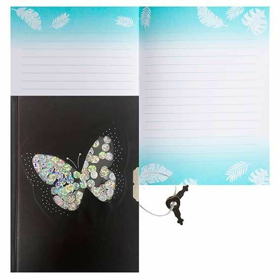 Записная книжка кокос А6, 56 л, "Бабочка", твердая обложка, тонированная матовая ламинация, блёстки-пайетки, замочек, линейка