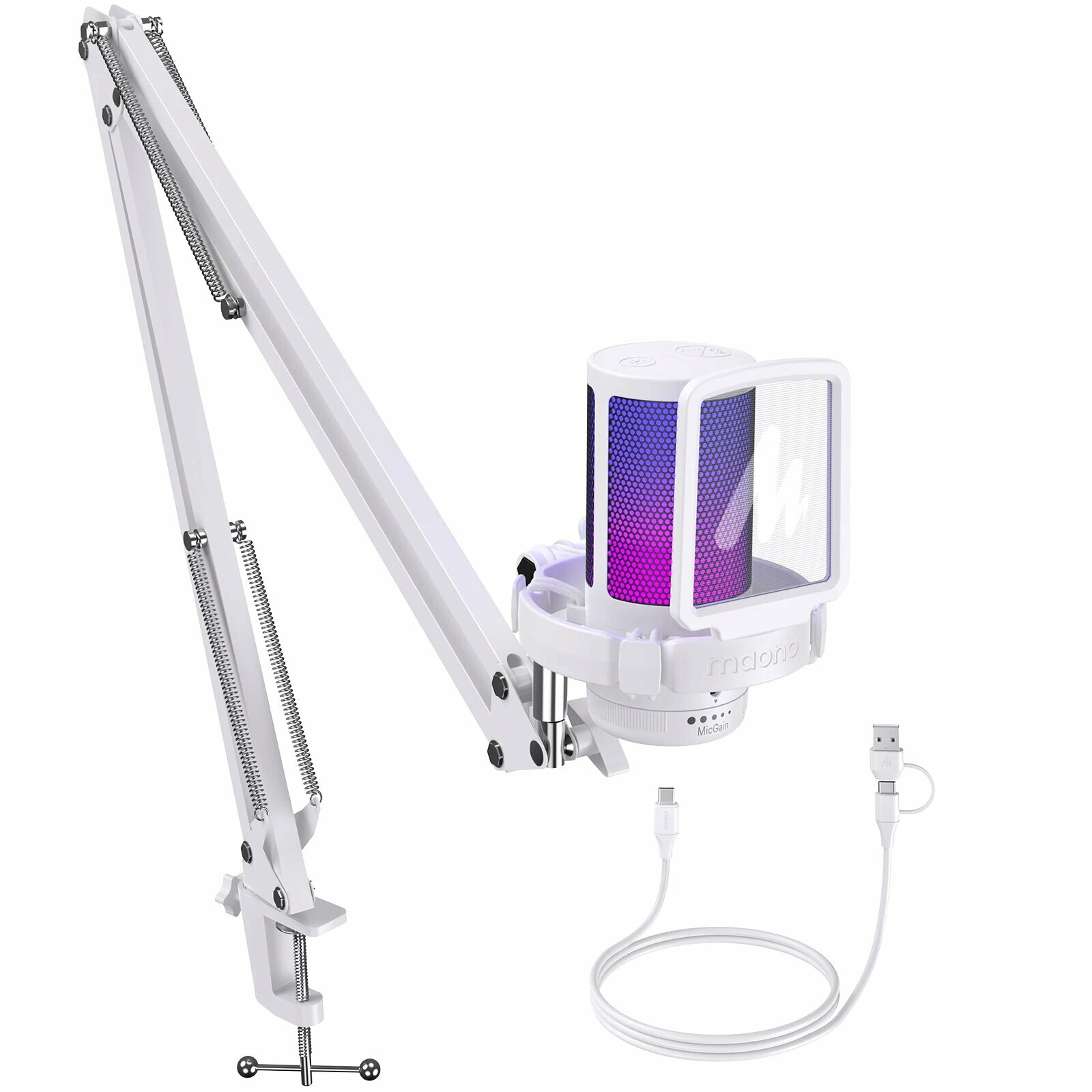 Игровой USB-микрофон Maono DGM20S с RGB-подсветкой, шумоподавлением и держателем для DGM20S-White