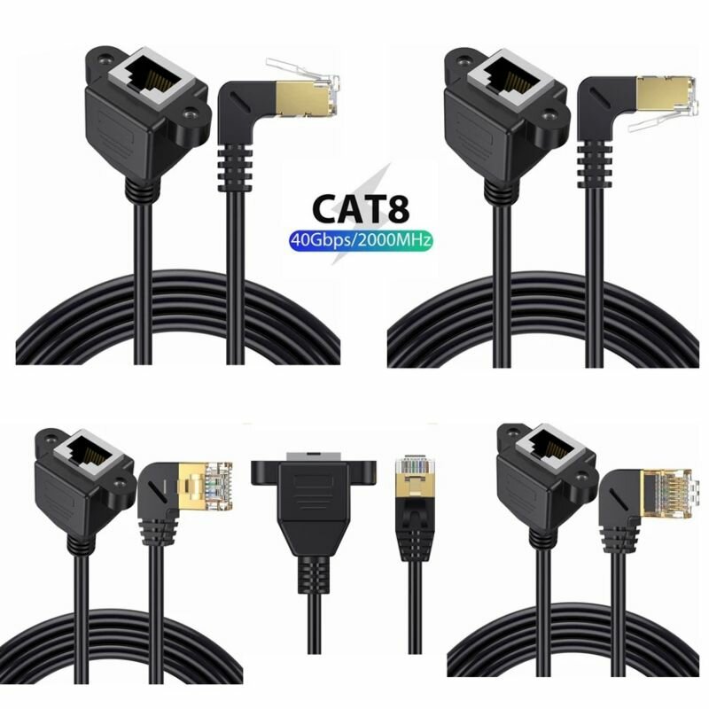 Угловой сетевой кабель-удлинитель Ethernet CAT8 8-контактный RJ45 40 Гбит/с RJ45, угол 90 градусов, разъем типа «папа-мама» для ноутбука, ПК, маршрутизатора, компьютера