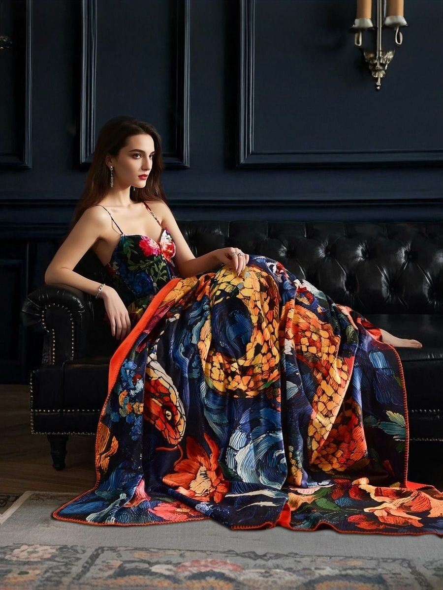 Плед флисовый 180х200 см Модный цветочный принт, Ультрамягкий, Легкая роскошь в дизайне, Теплый уютный