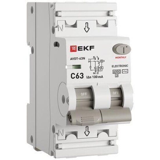 Дифференциальный автомат Ekf 2п (1P+N) C 63А 100мА тип AC 6кА АВДТ-63N (электрон.) PROxima, D63N26E63C100