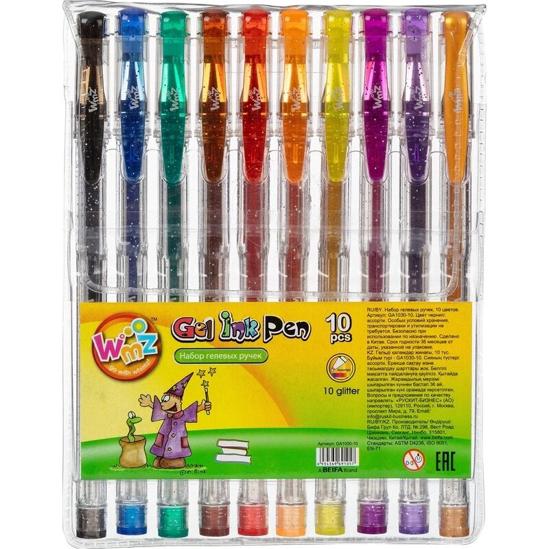 Набор гелевых ручек BEIFA PVC GA 103000, 10цветов, с блестками, шестигранные, 0,7мм