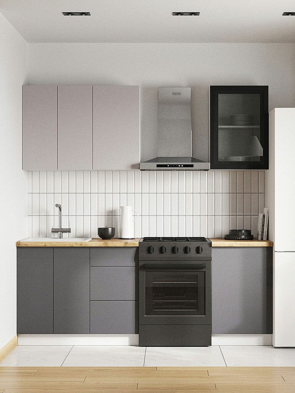 Кухонный гарнитур Тандем 1.5 м, мебель для дома и кухни, Белый / Черный матовый / Графит